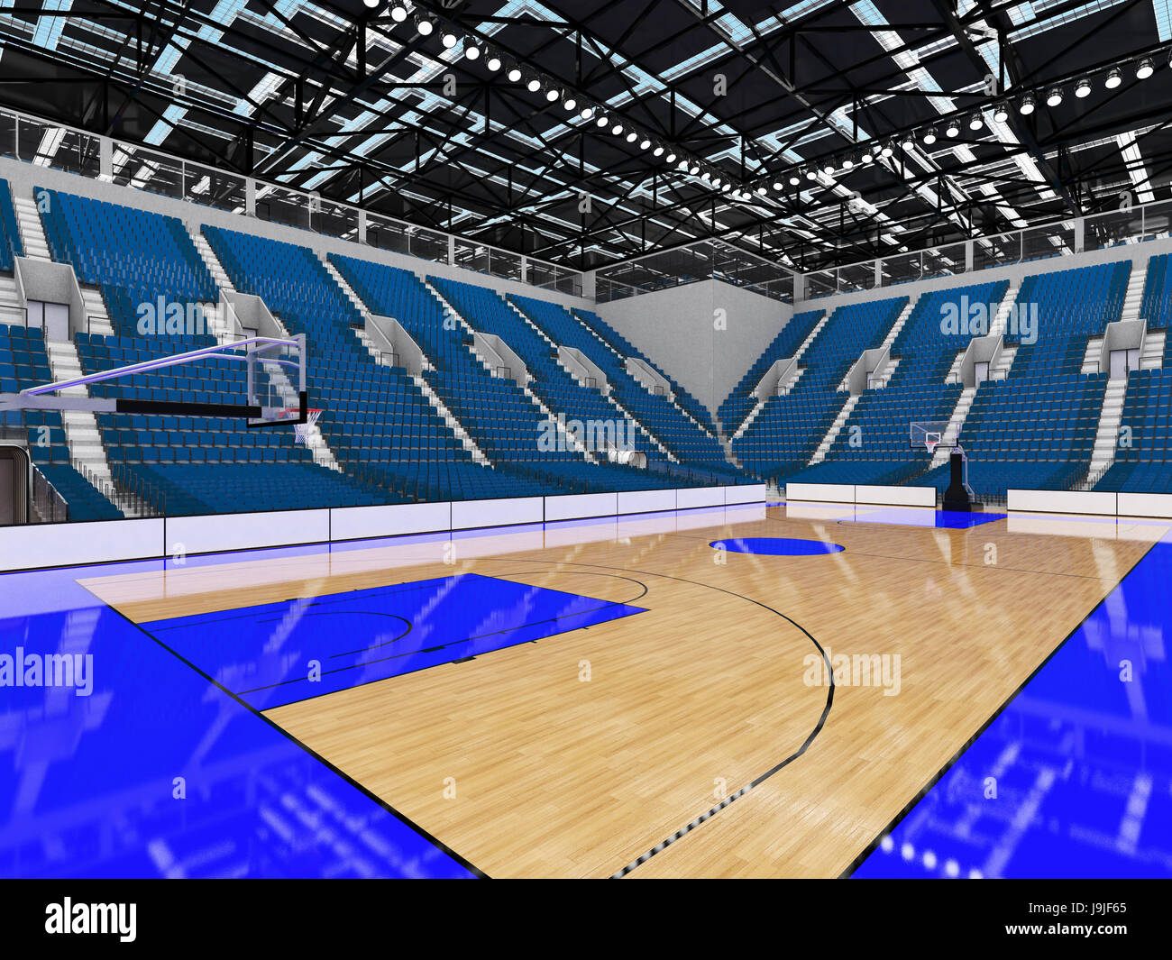 Beautiful sports arena for basketball with gray blue seats and VIP ...