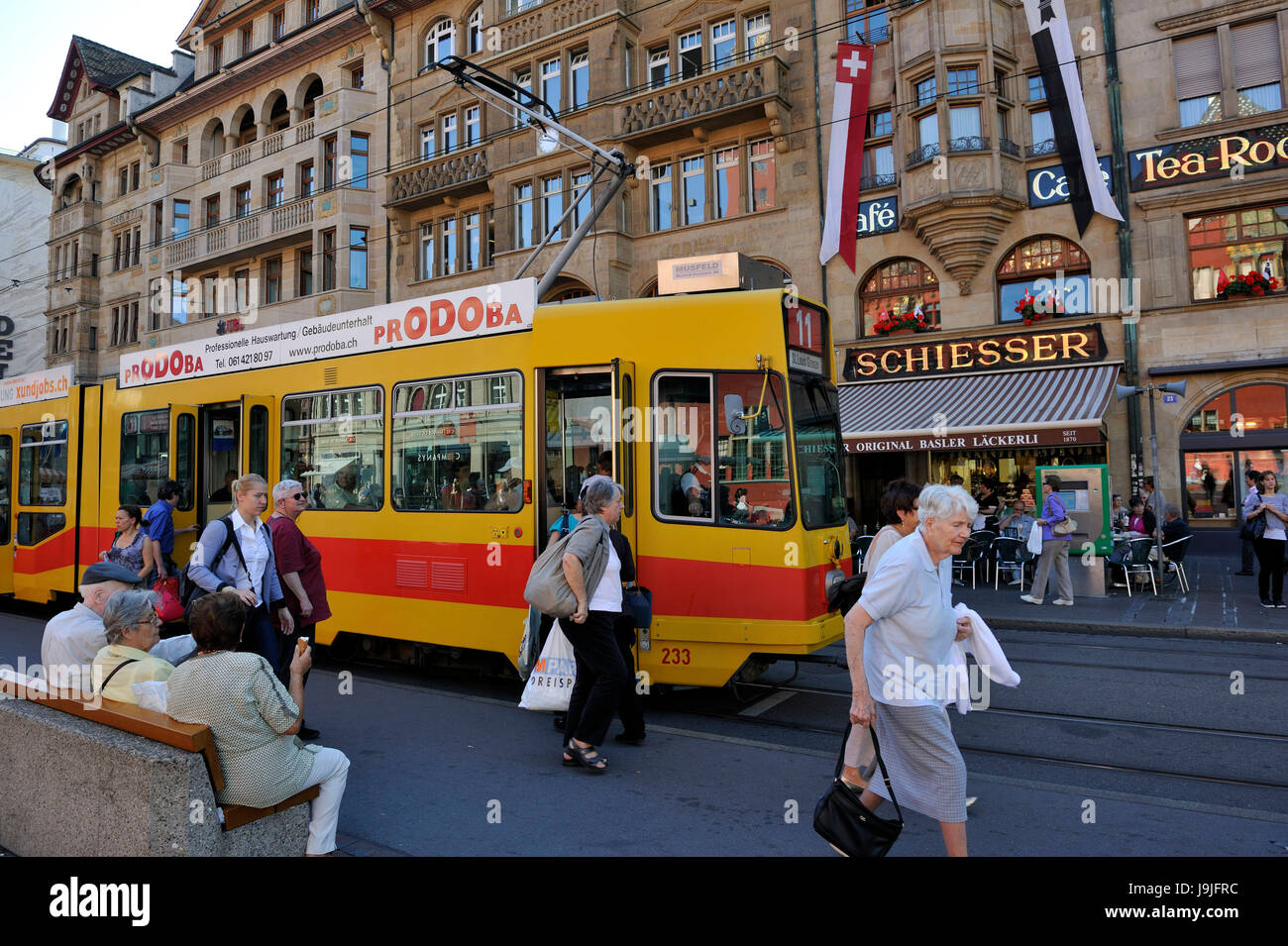 Switzerland, Basel, Tram stop on Marktplatz (Market square Stock Photo ...