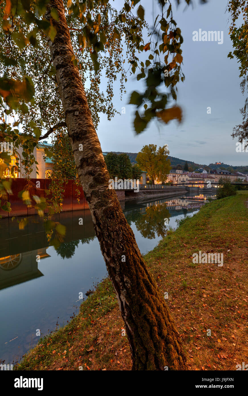 Rose garden, Swiss house bridge, frankish Saale (river), blue hour, Bad ...