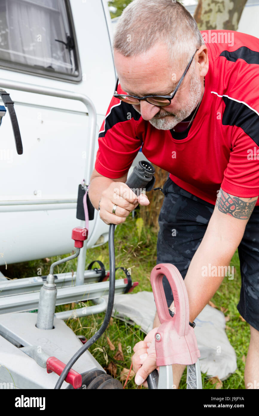 Man, caravan, car shaft, camping, leisure time, vacation, Bad Kissingen ...