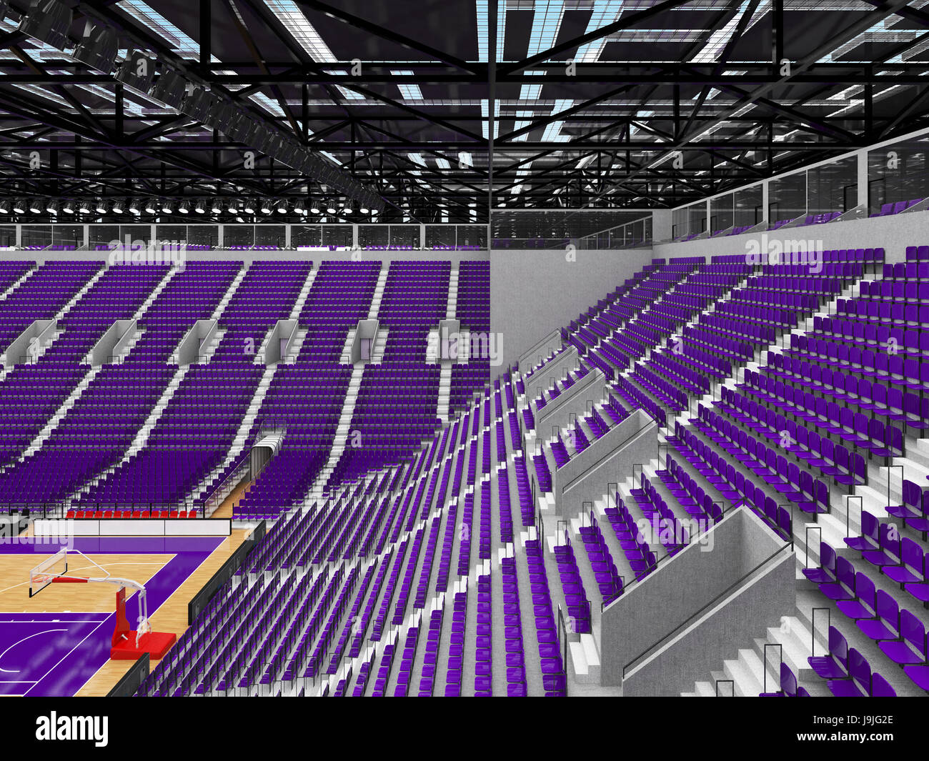 Beautiful sports arena for basketball with purple seats and VIP boxes ...