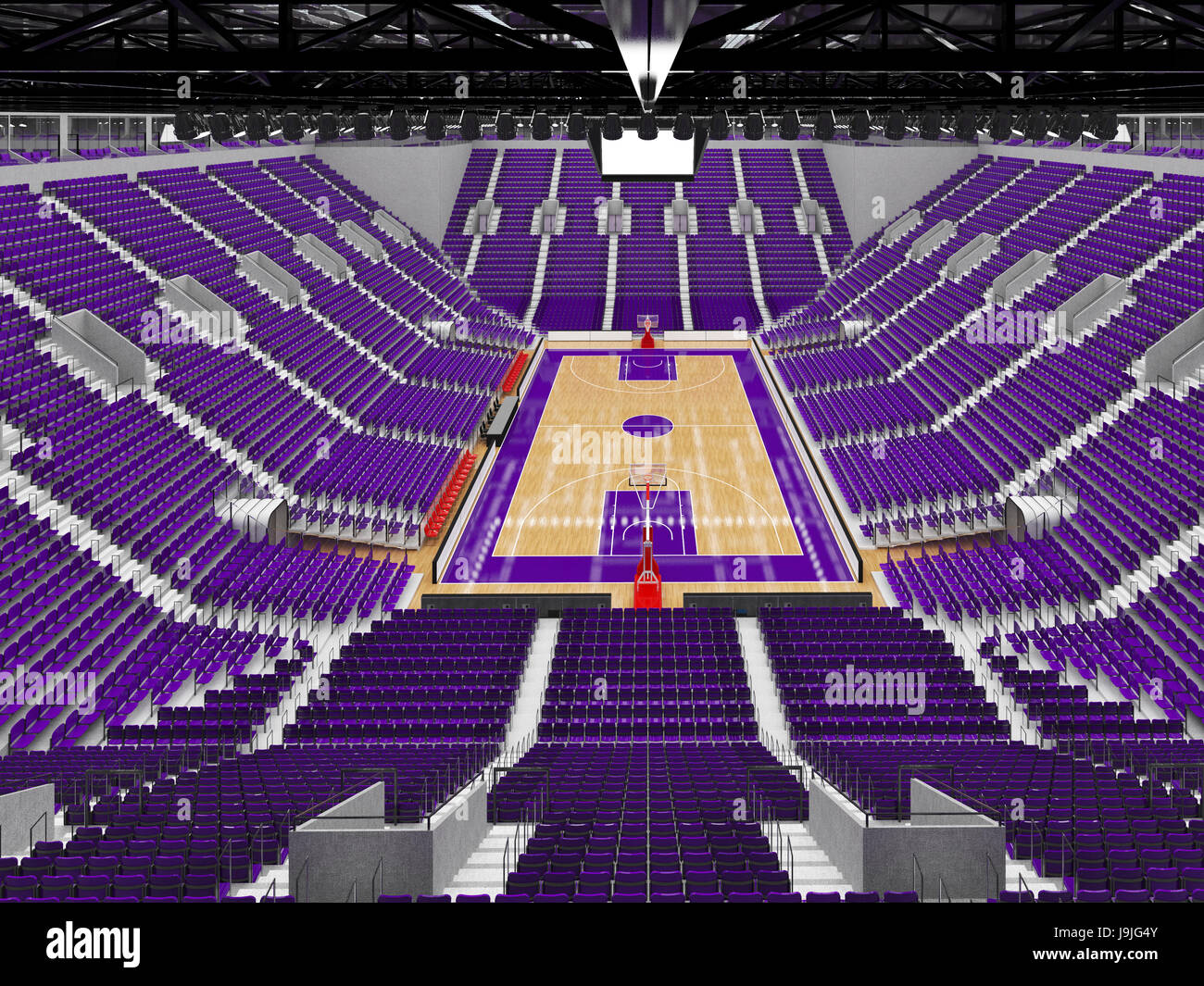Beautiful sports arena for basketball with purple seats and VIP boxes ...