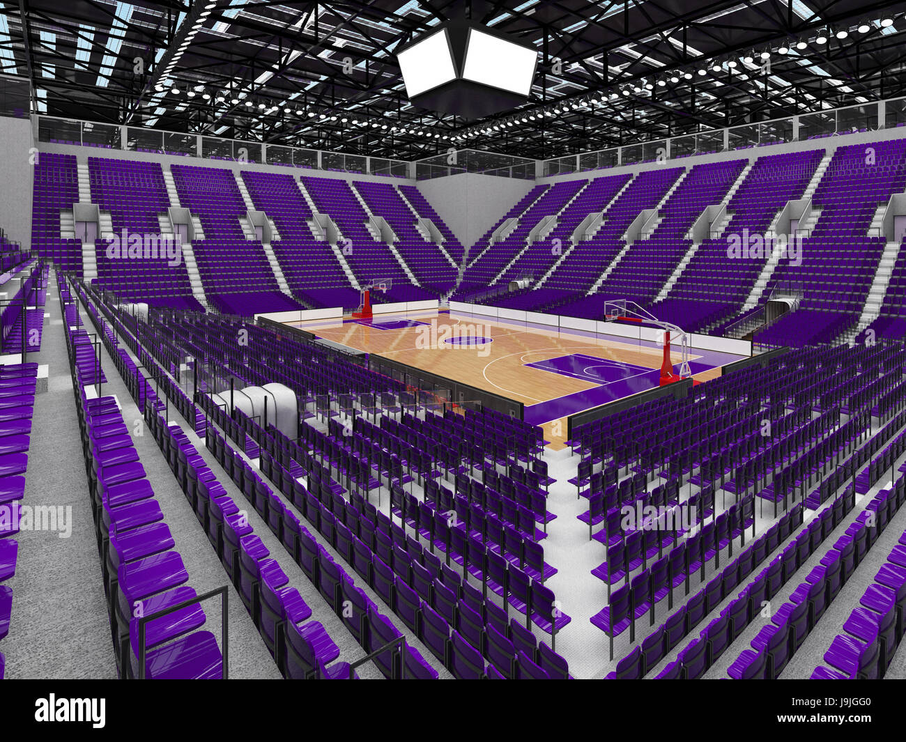 Beautiful sports arena for basketball with purple seats and VIP boxes ...