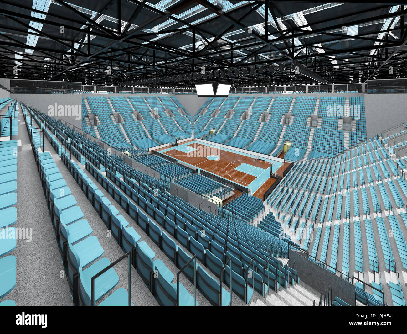 Beautiful sports arena for basketball with sky blue seats and VIP boxes ...