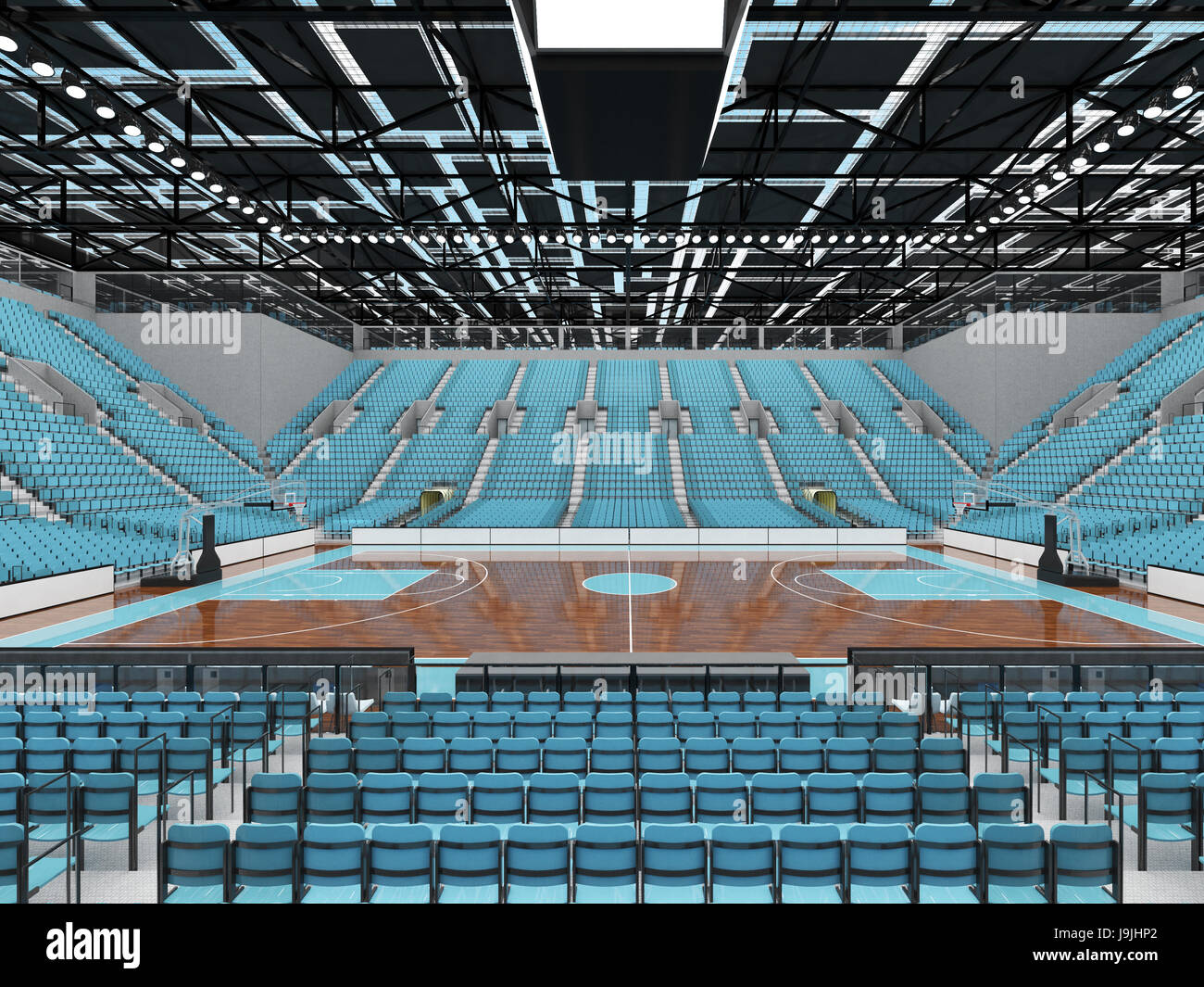 Beautiful sports arena for basketball with sky blue seats and VIP boxes ...