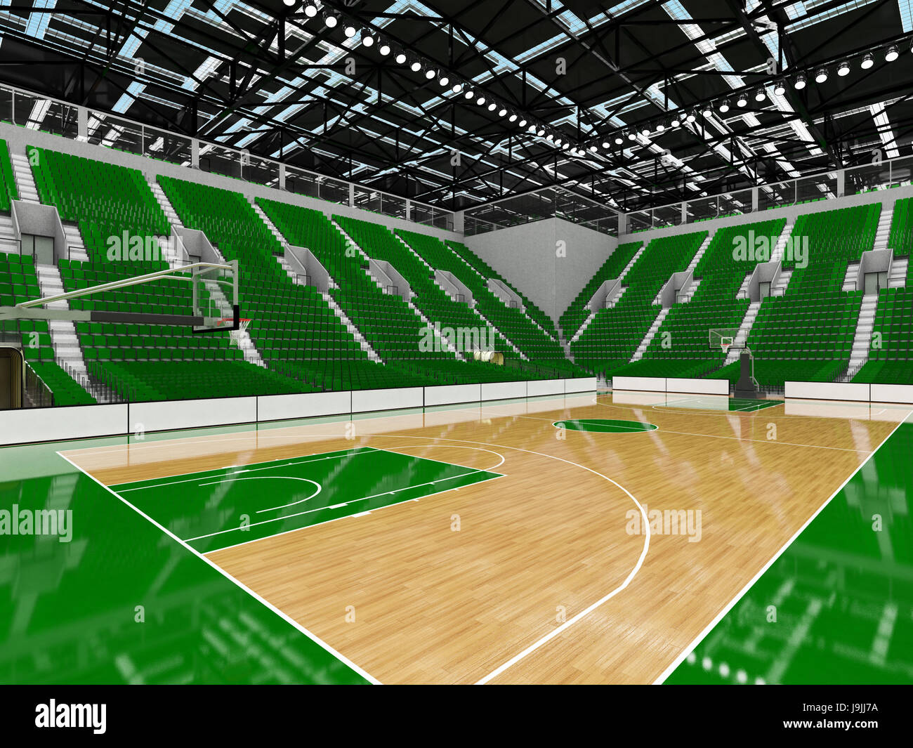 Beautiful sports arena for basketball with green seats and VIP boxes ...