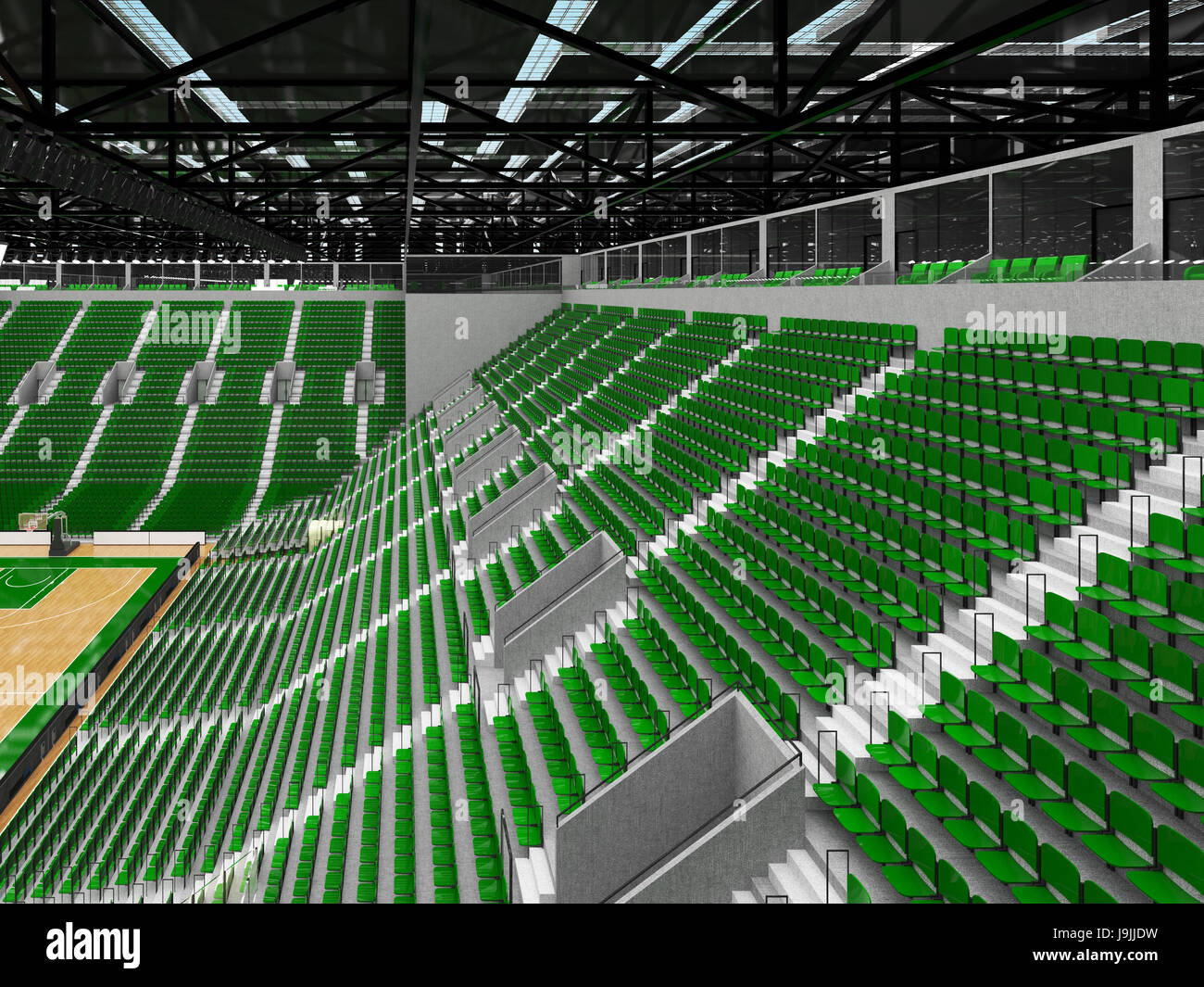 Beautiful sports arena for basketball with green seats and VIP boxes ...