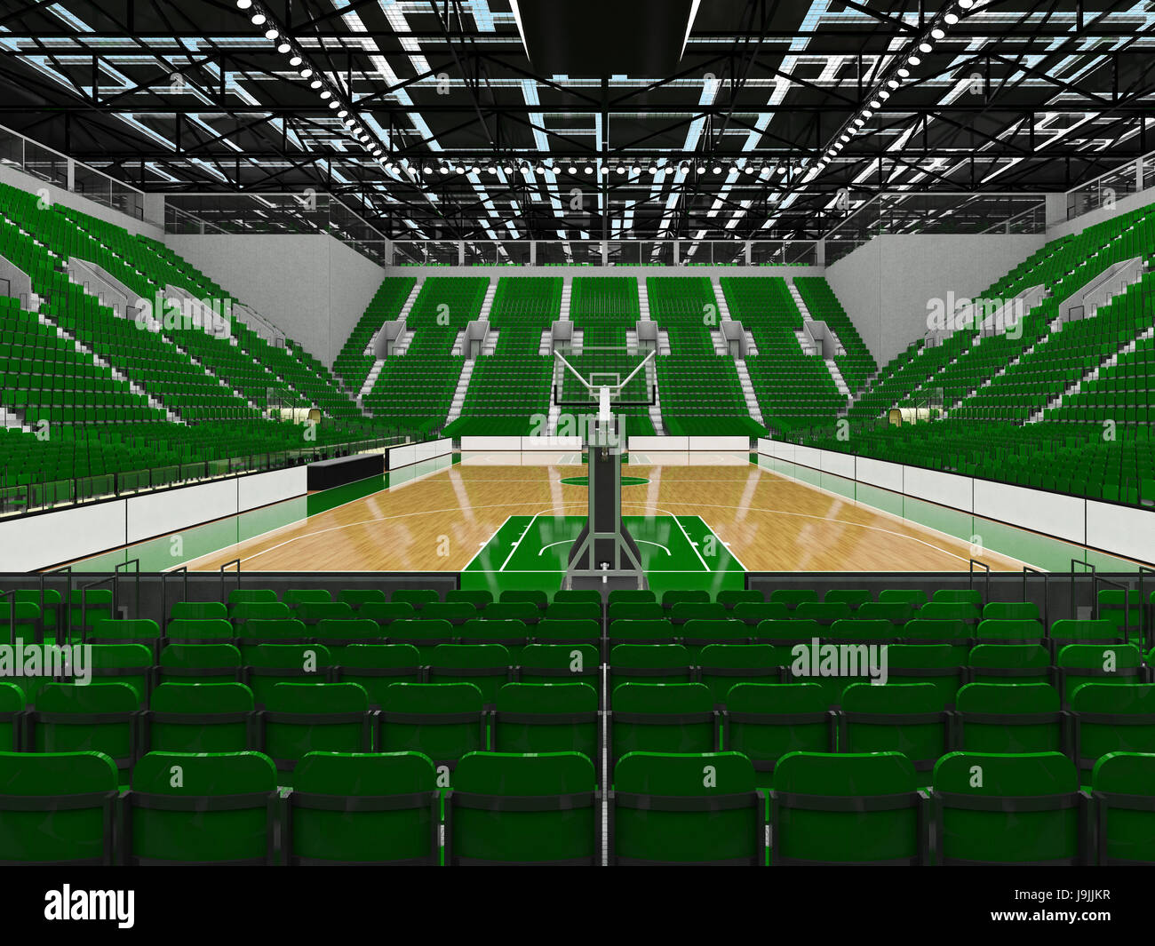 Beautiful sports arena for basketball with green seats and VIP boxes ...