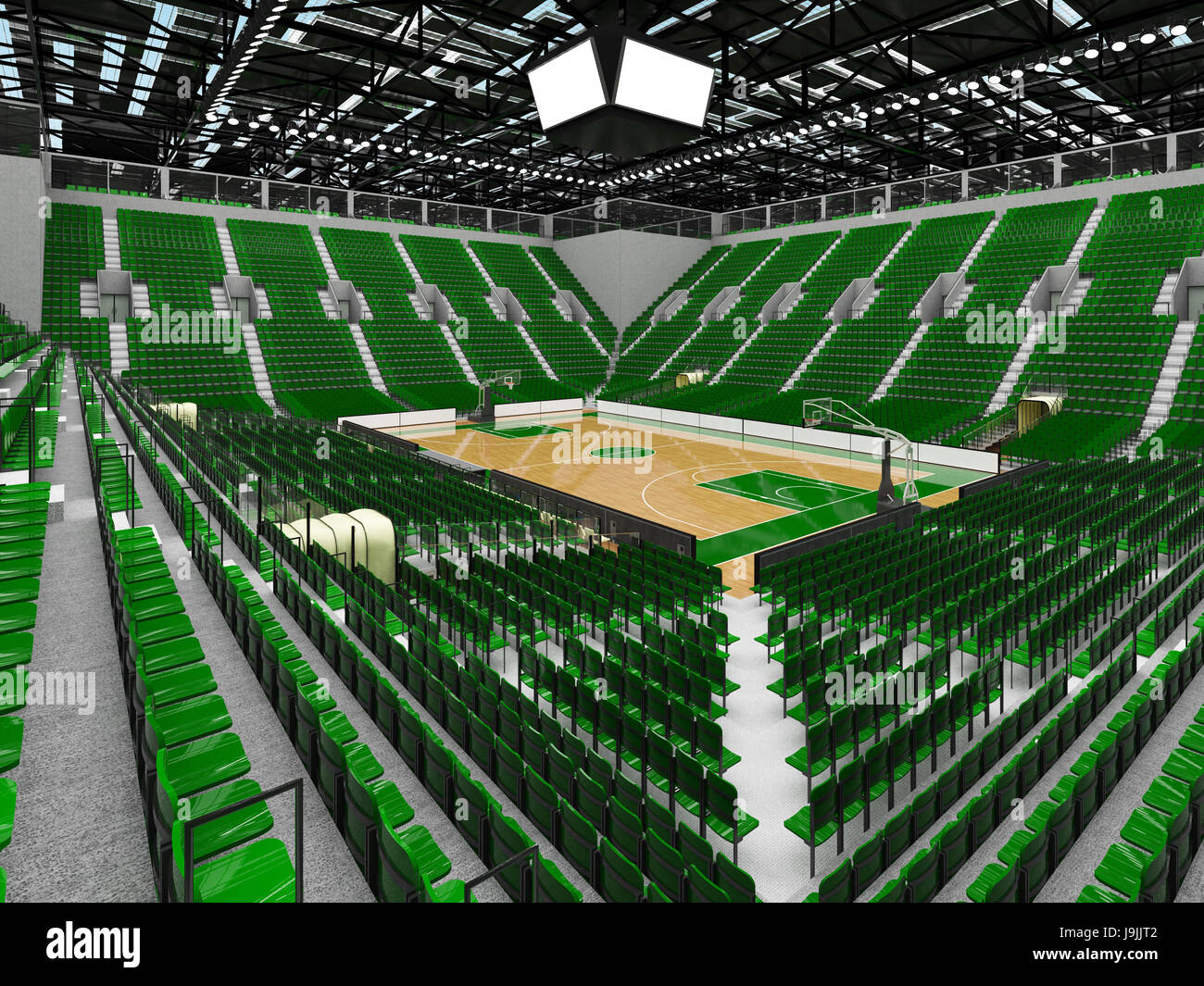 Beautiful sports arena for basketball with green seats and VIP boxes ...