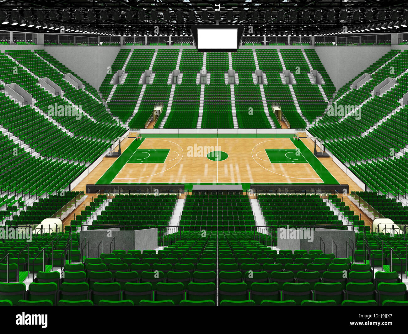 Beautiful sports arena for basketball with green seats and VIP boxes ...