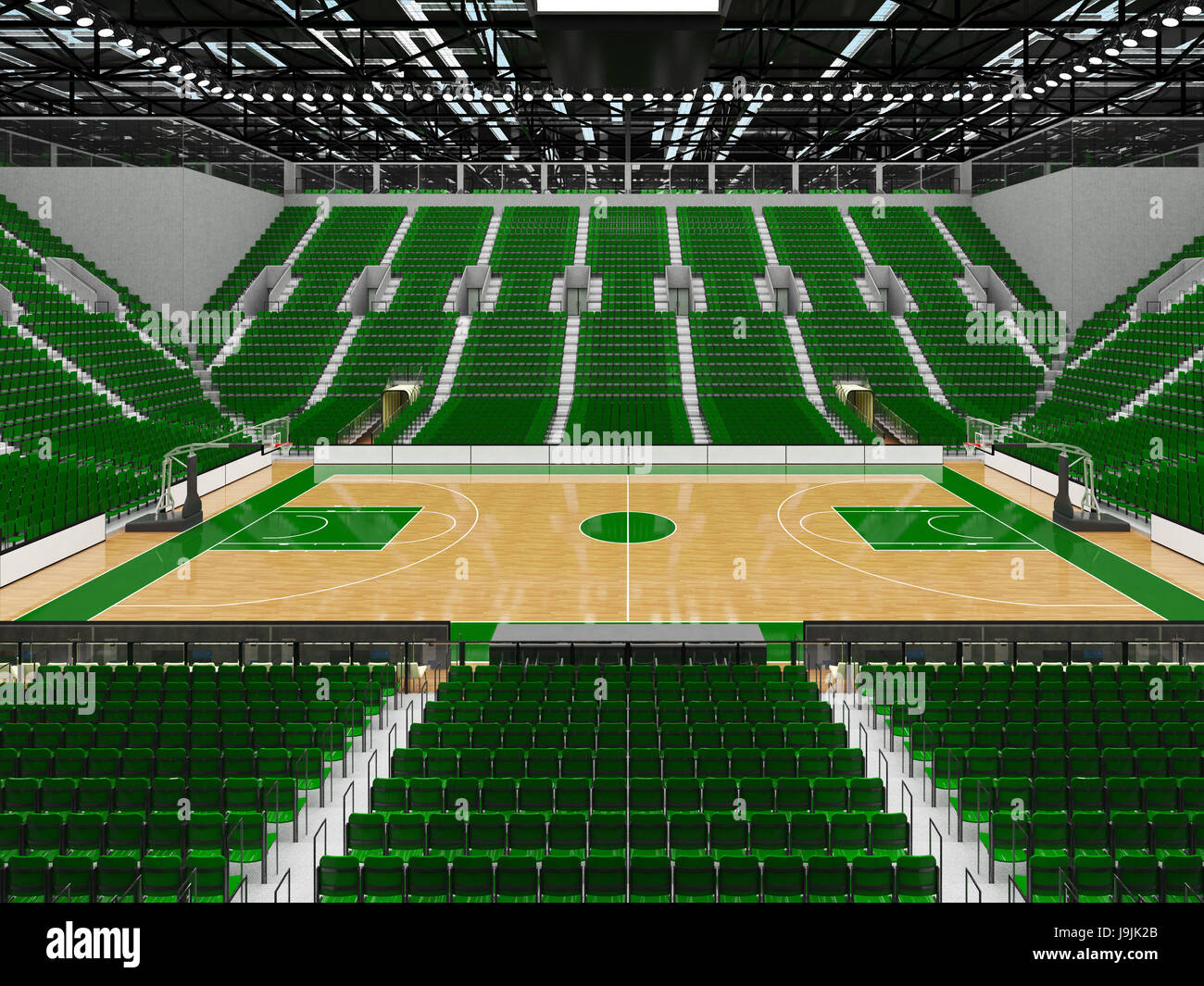 Beautiful sports arena for basketball with green seats and VIP boxes ...