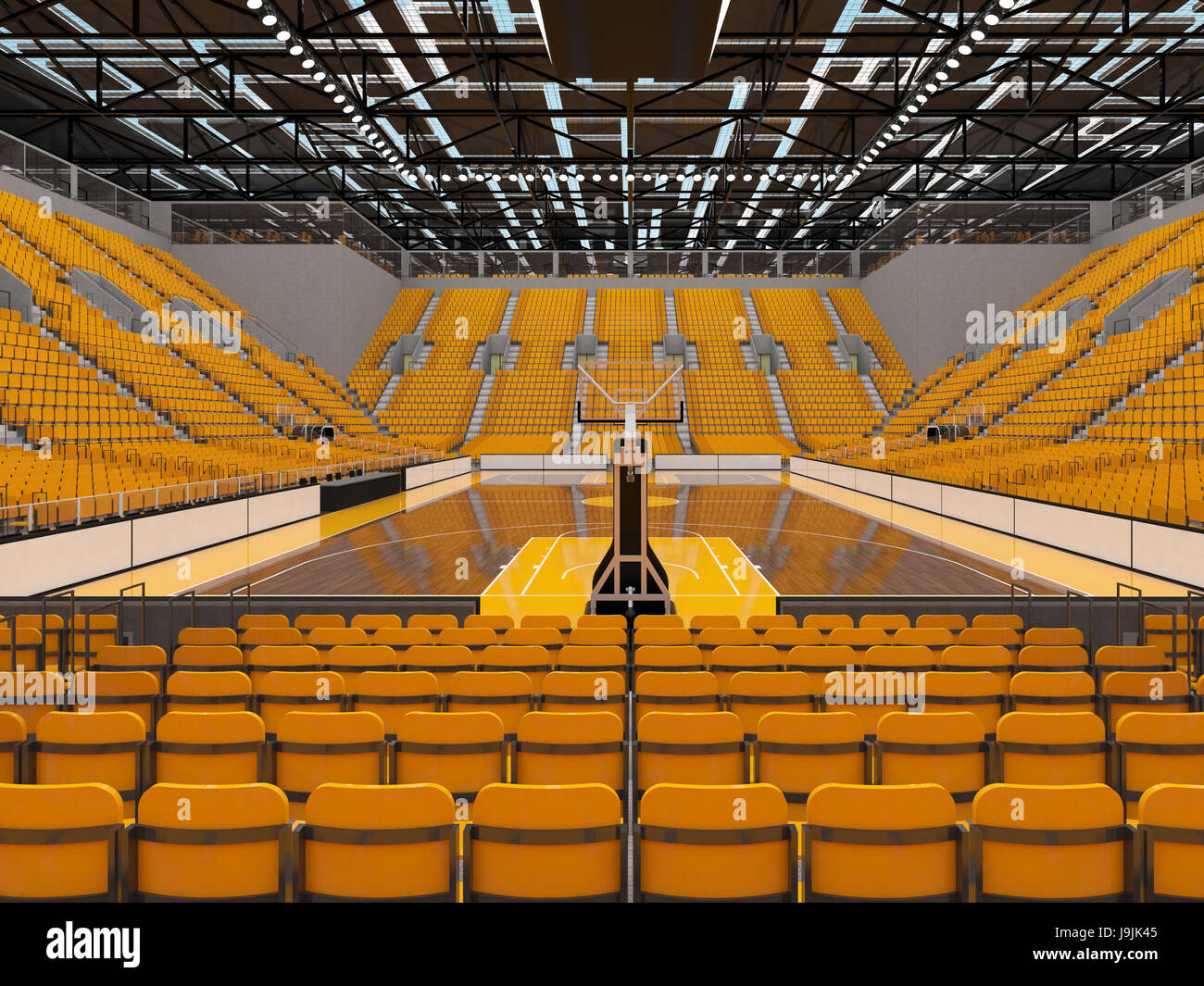 Beautiful sports arena for basketball with yellow seats and VIP boxes ...