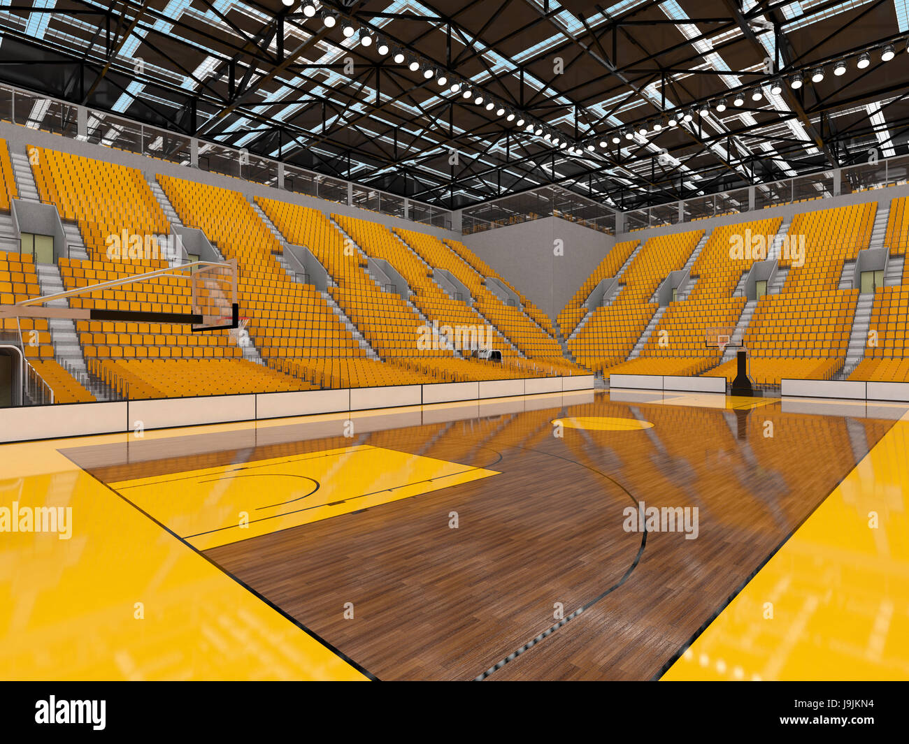 Beautiful sports arena for basketball with yellow seats and VIP boxes ...