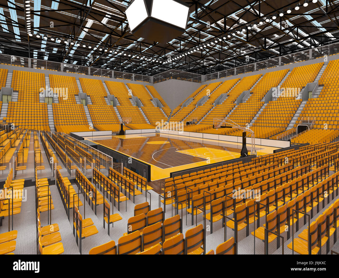 Beautiful sports arena for basketball with yellow seats and VIP boxes ...