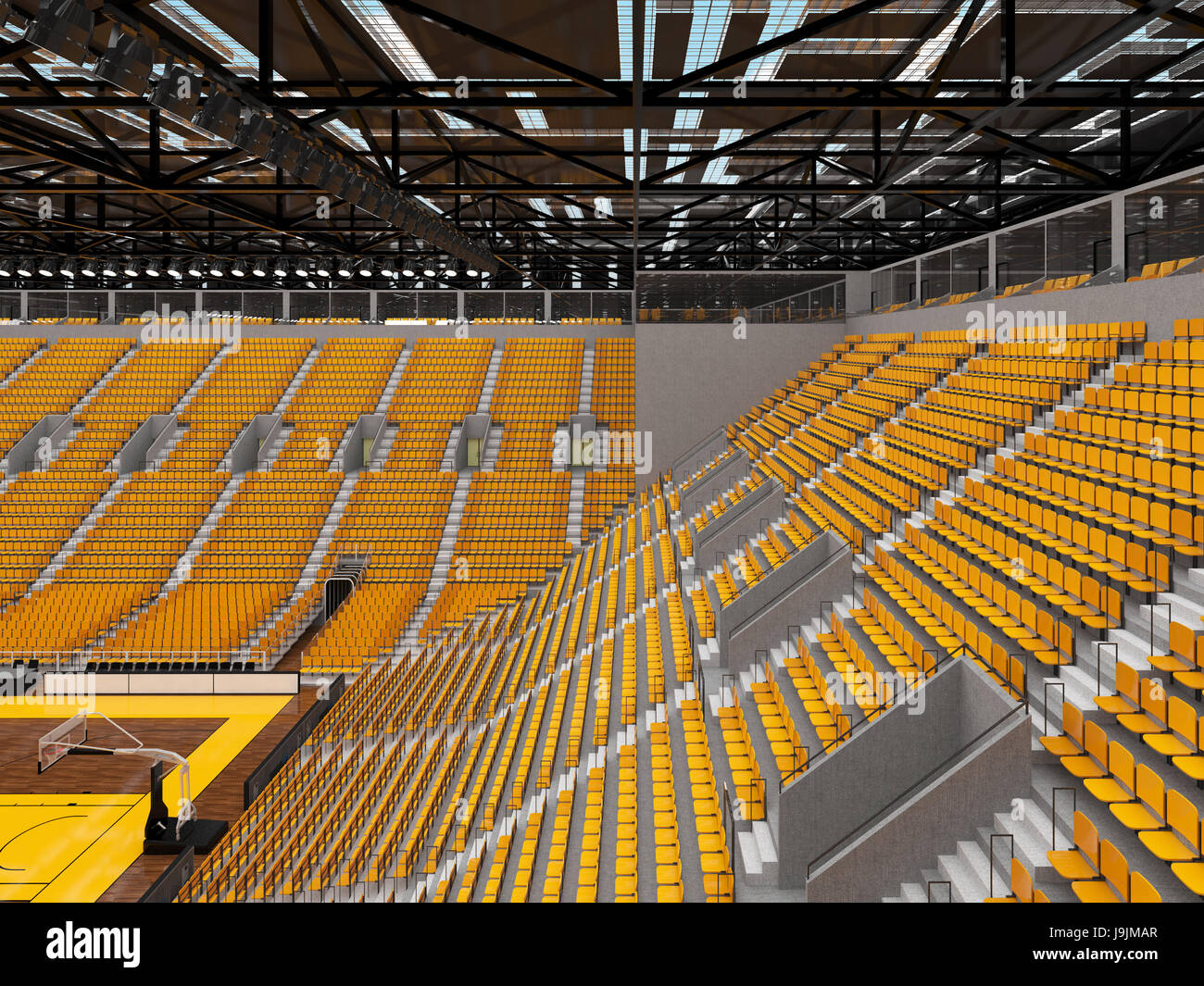 Beautiful sports arena for basketball with yellow seats and VIP boxes ...