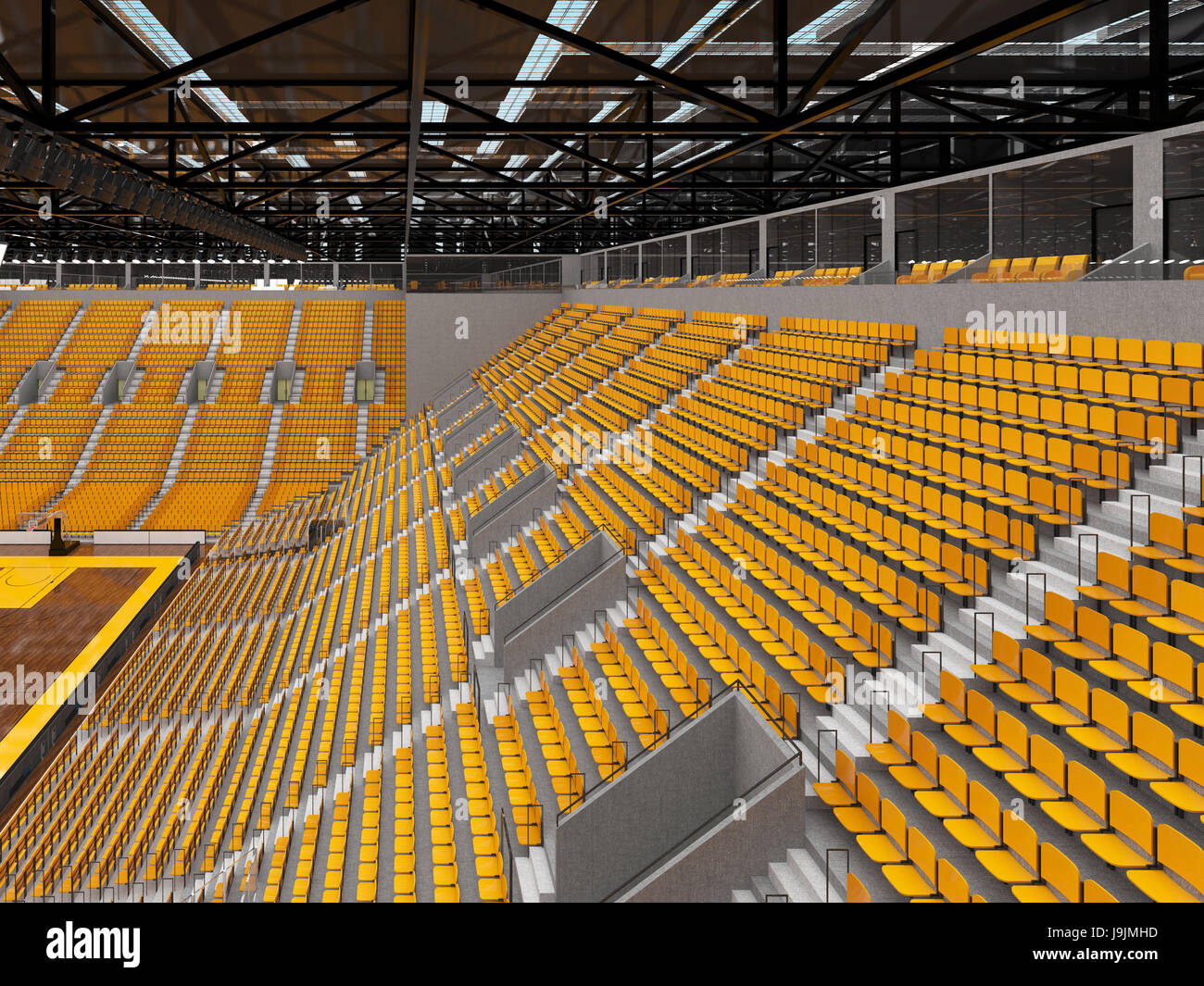 Beautiful sports arena for basketball with yellow seats and VIP boxes ...