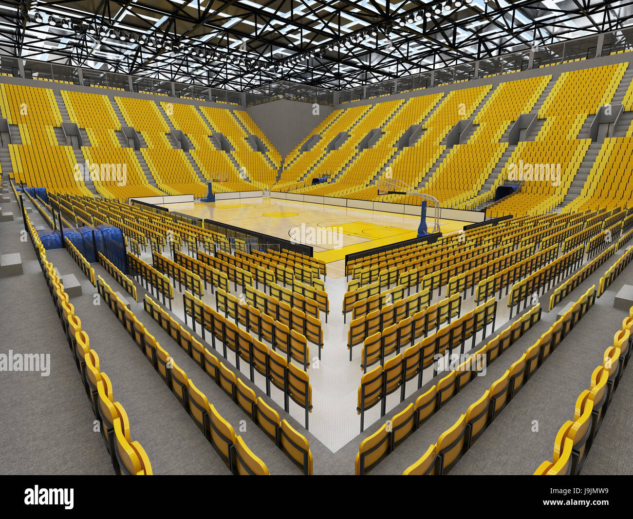 Beautiful sport arena for basketball with floodlights and yellow seats ...