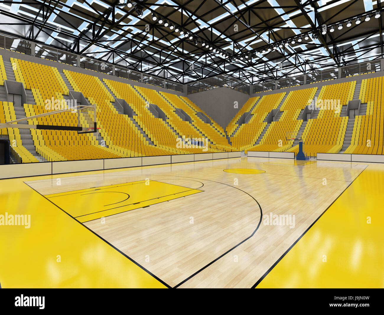 Beautiful sport arena for basketball with floodlights and yellow seats ...