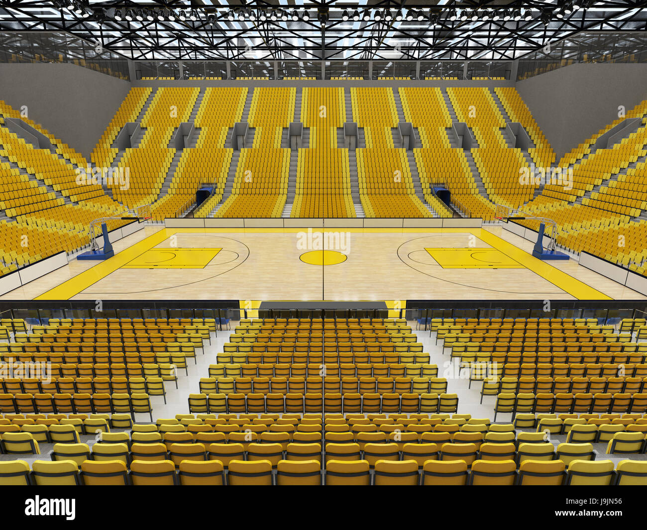 Beautiful sport arena for basketball with floodlights and yellow seats ...