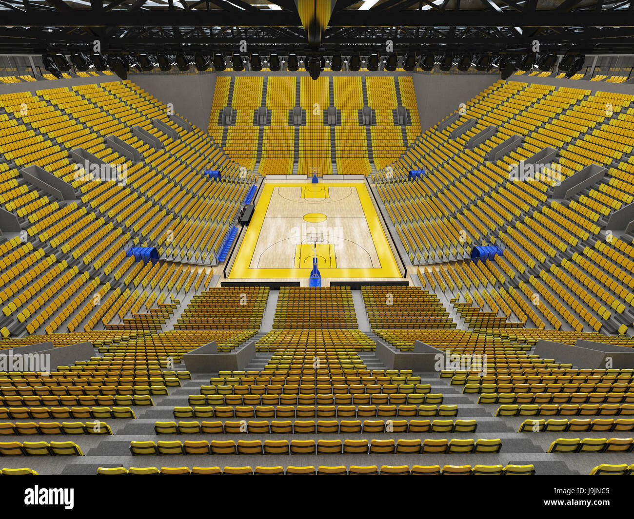Beautiful sport arena for basketball with floodlights and yellow seats ...