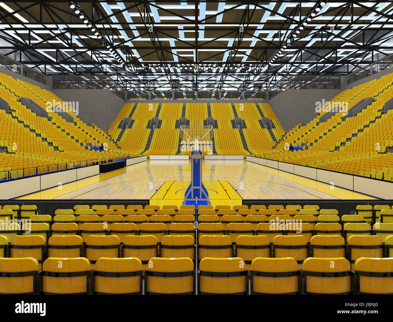 Beautiful sport arena for basketball with floodlights and yellow seats ...