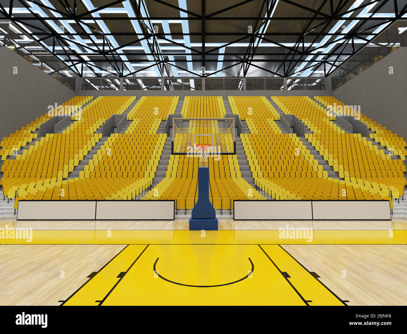 Beautiful sport arena for basketball with floodlights and yellow seats ...