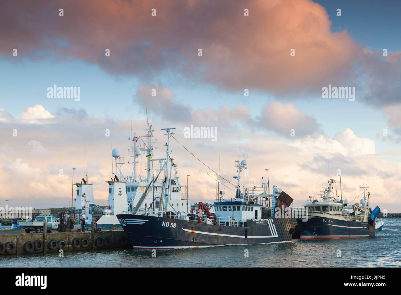 Denmark, Jutland, Danish Riviera, Hvide Sande, port view, dusk Stock ...