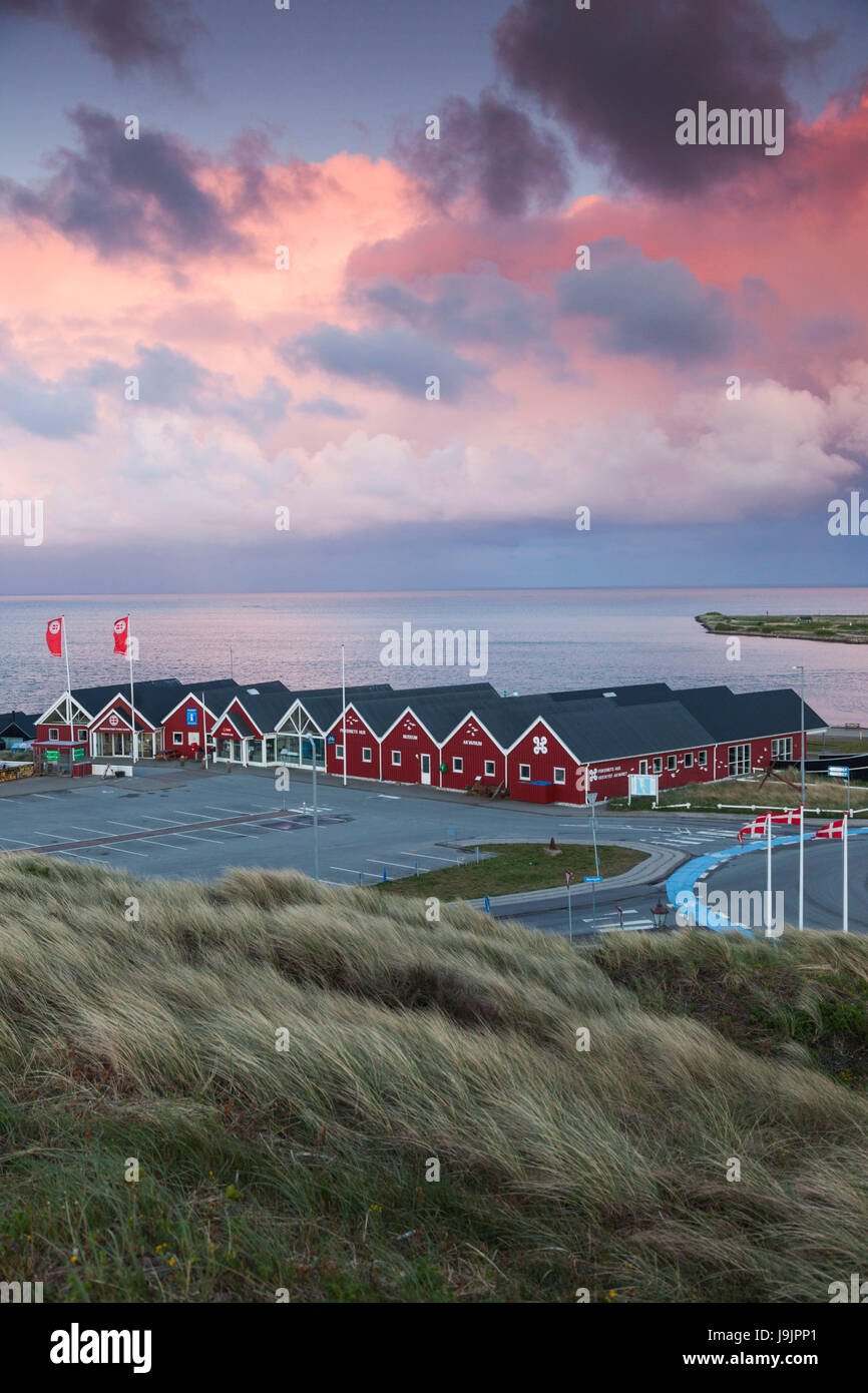 Denmark, Jutland, Danish Riviera, Hvide Sande, elevated port view, dusk ...