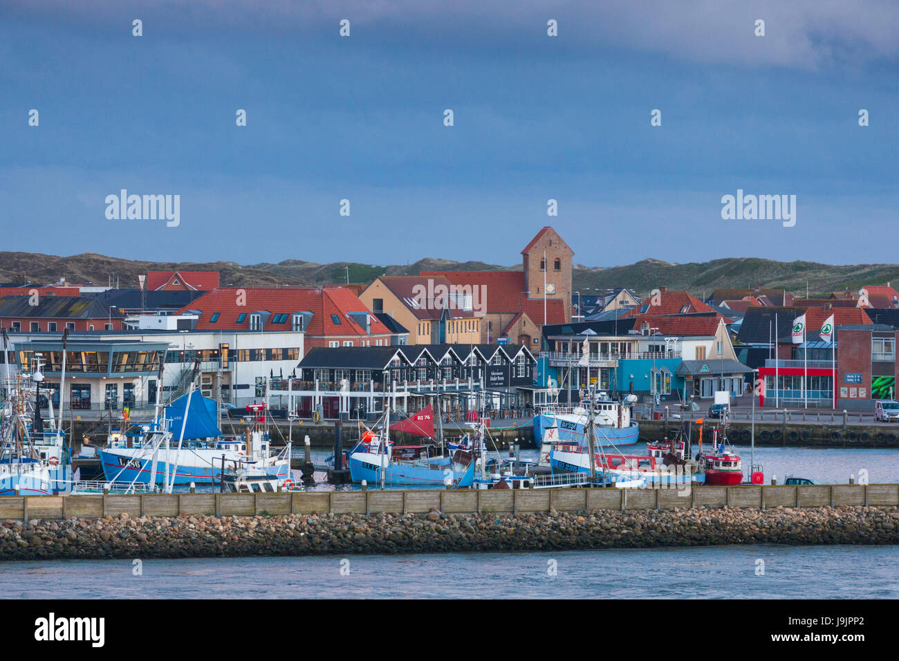 Denmark, Jutland, Danish Riviera, Hvide Sande, elevated town view, dusk ...