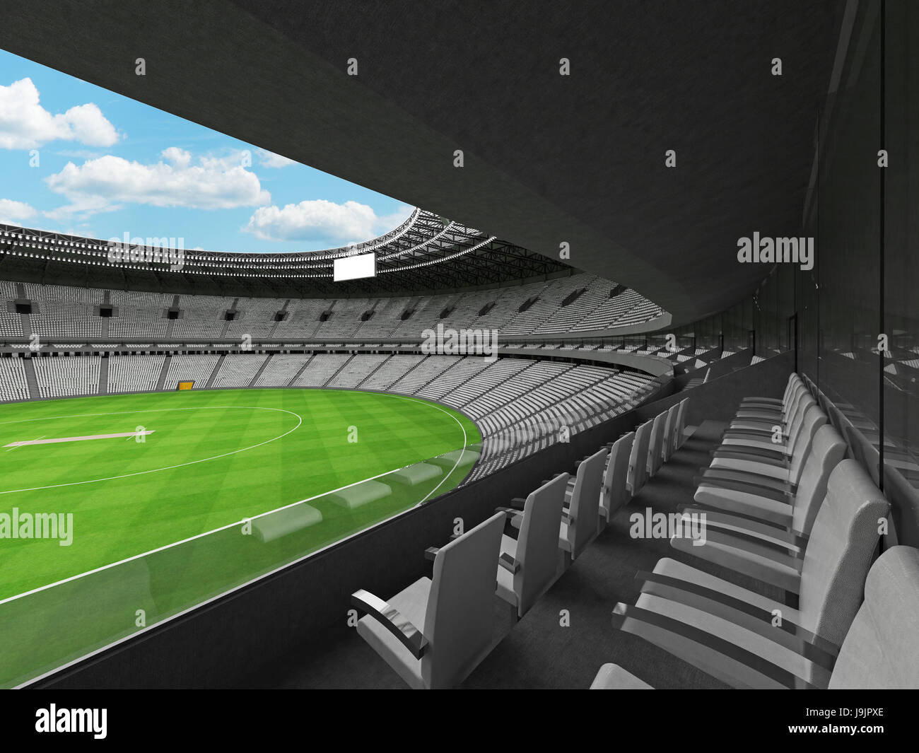 3D render of a beautiful modern round cricket stadium with white seats ...