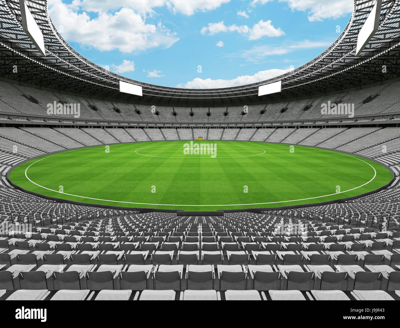 3D render of a beautiful modern round cricket stadium with white seats ...