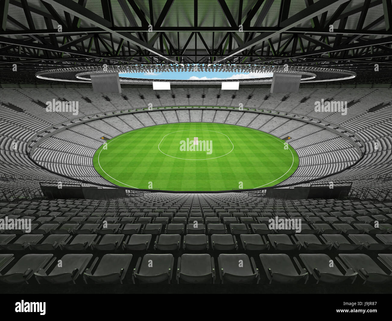 3D render of a beautiful modern round cricket stadium with white seats ...
