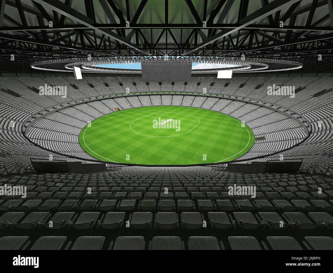 3D render of a beautiful modern round cricket stadium with white seats ...