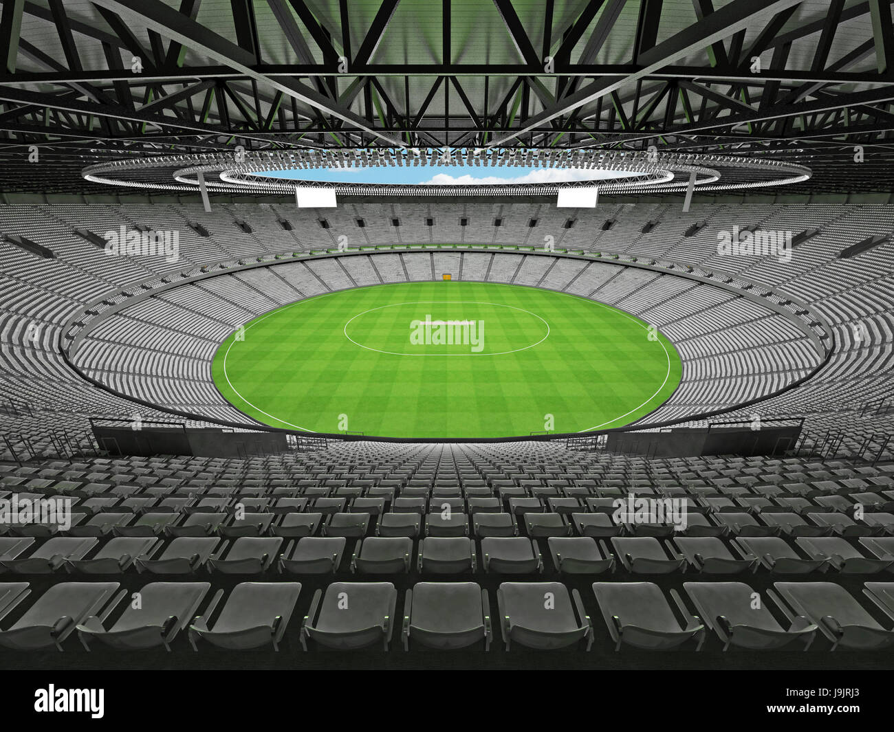 3D render of a beautiful modern round cricket stadium with white seats ...