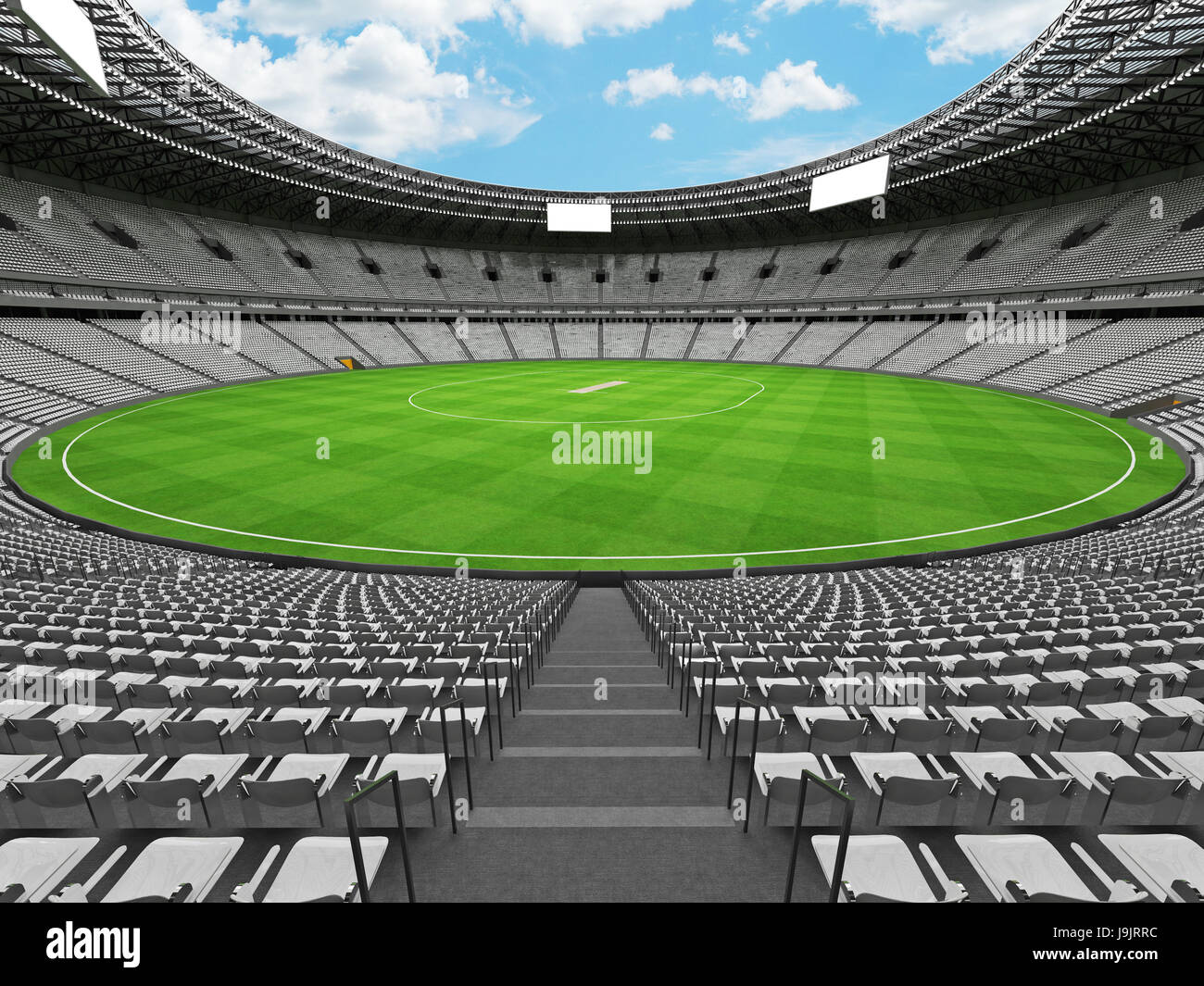3D render of a beautiful modern round cricket stadium with white seats ...