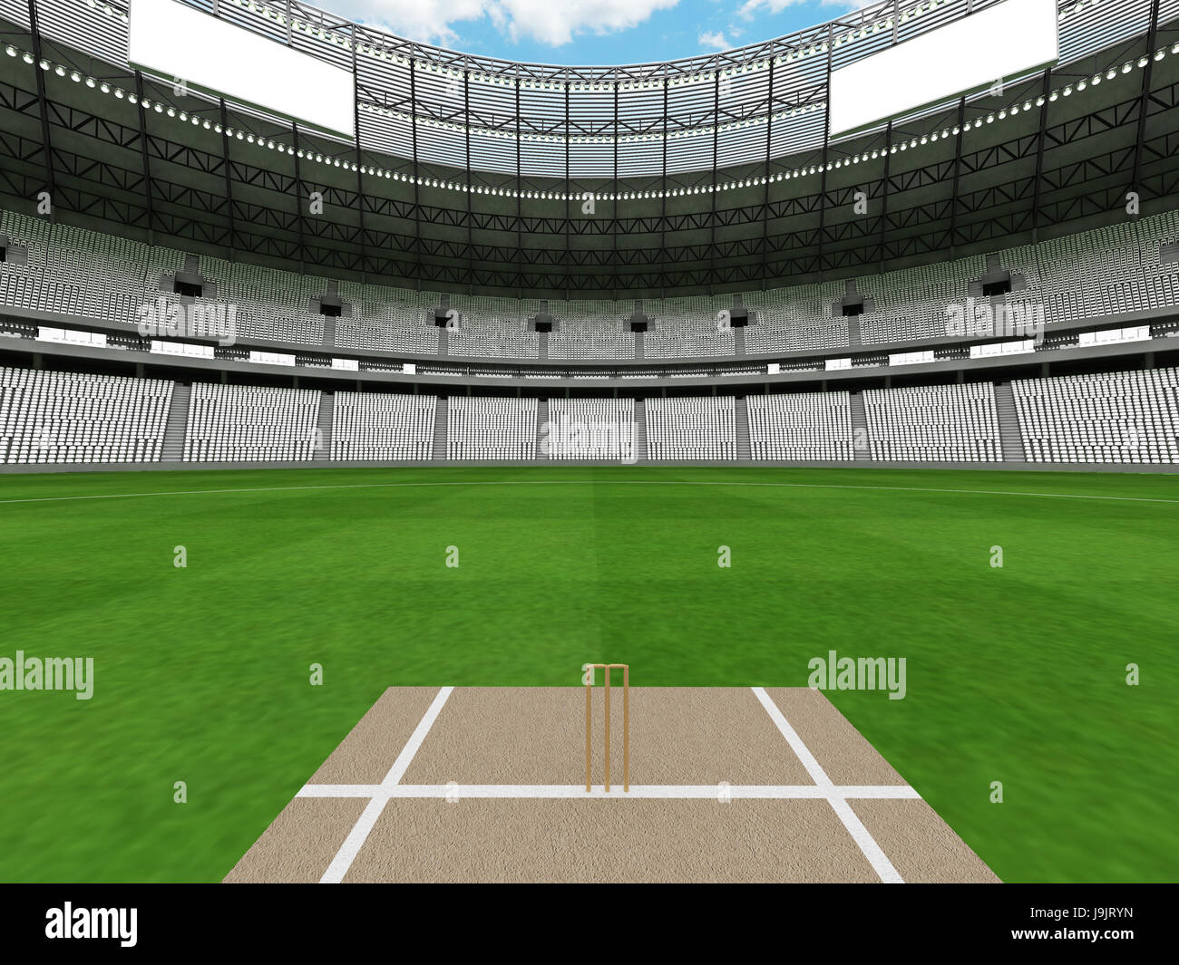 3D render of a beautiful modern round cricket stadium with white seats ...