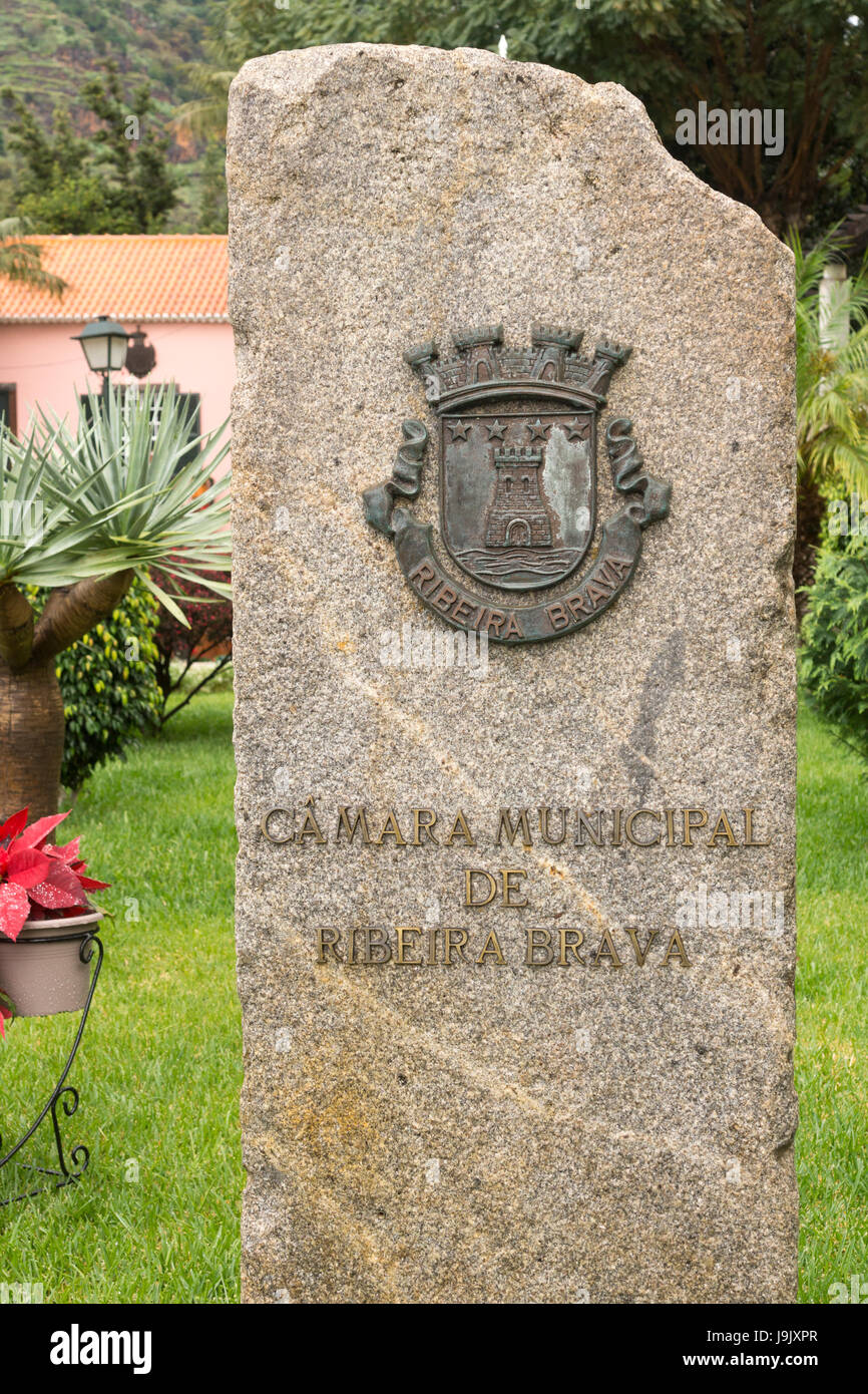 A granite column displaying the Ribeira Brava coat of arms, Madeira ...