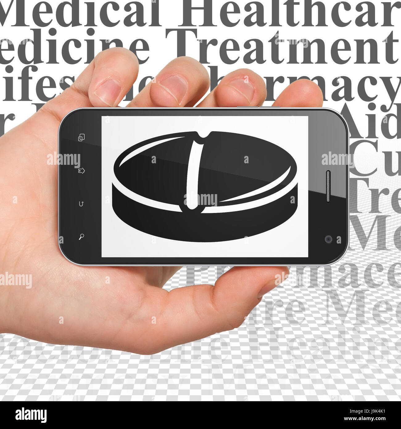 Medicine concept: Hand Holding Smartphone with Pill on display Stock ...