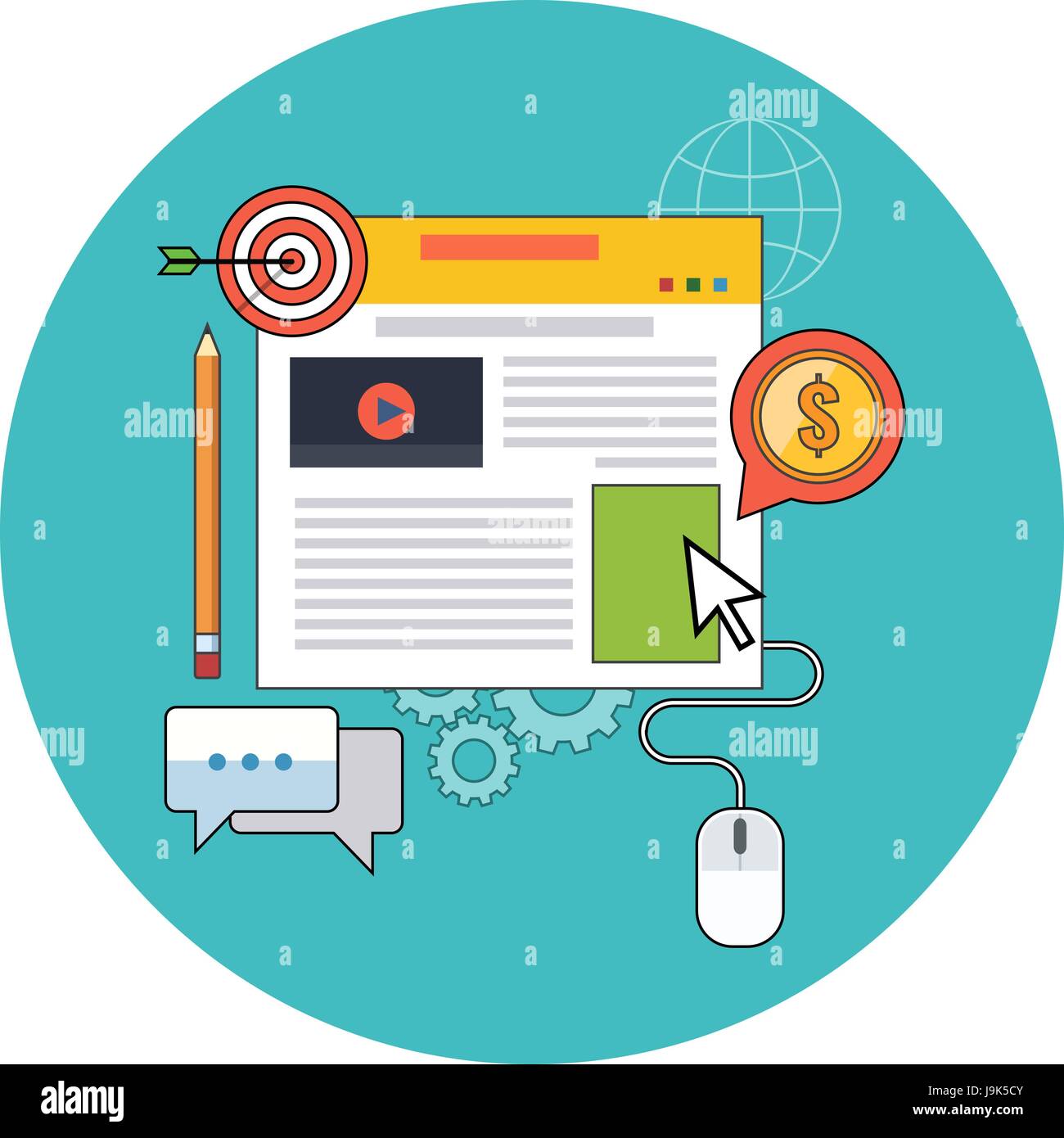 Blog management, blogging concept. Flat design. Icon in turquoise circle on white background ...