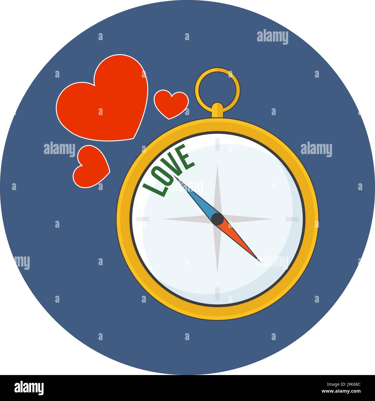 Compass points to love. Flat design. Icon in blue circle on white ...