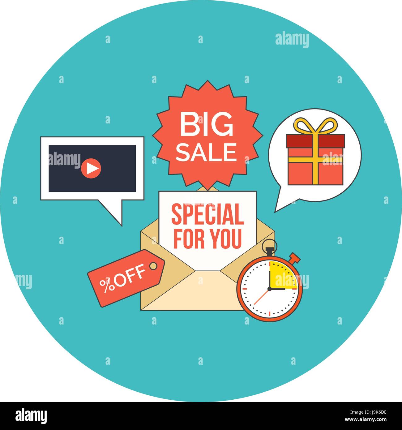 E-mail marketing concept. Flat design. Icon in turquoise circle on ...