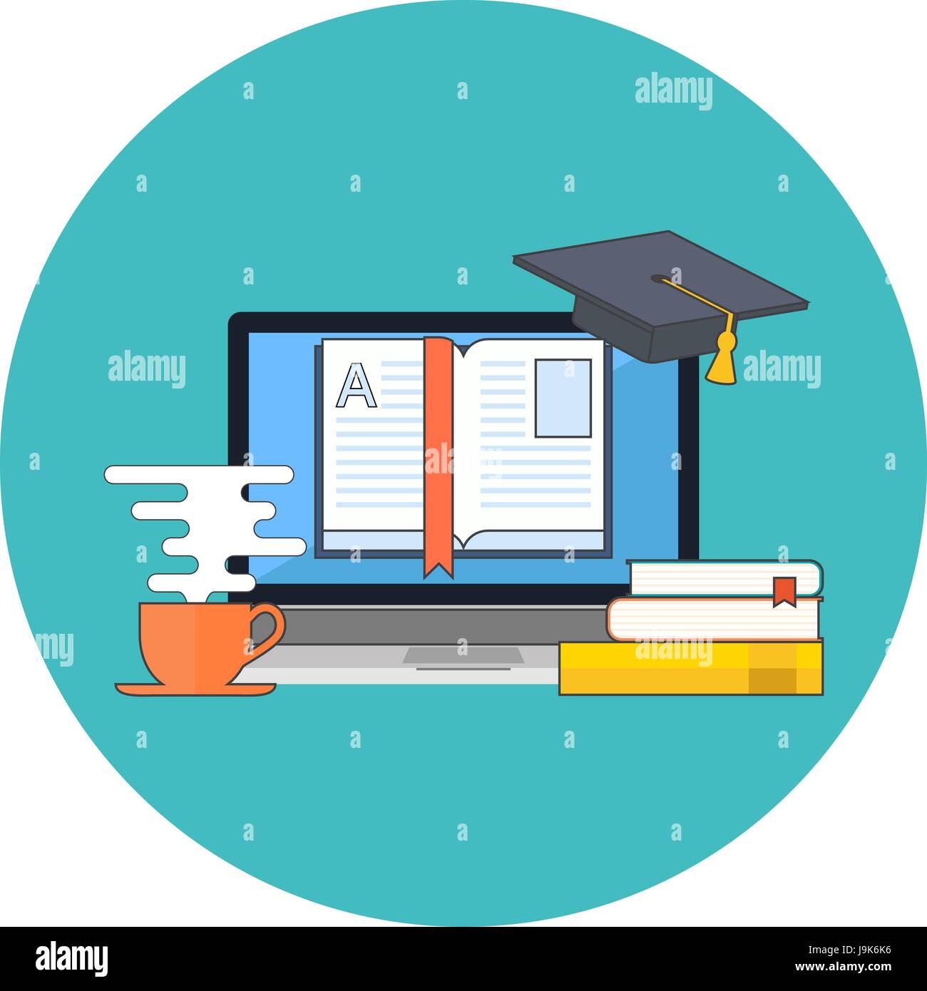 Distance education, online learning concept. Flat design. Icon in turquoise circle on white ...