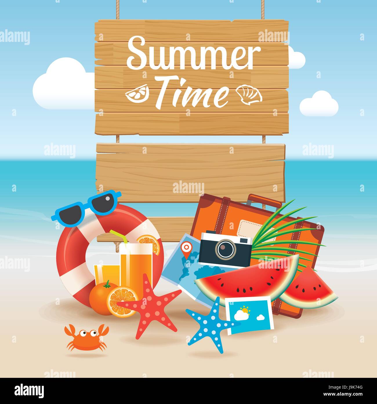 Summer time background banner design template and wooden sign element ...