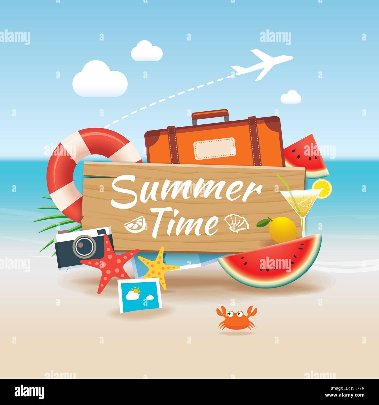 Summer time background banner design template and wooden sign element ...
