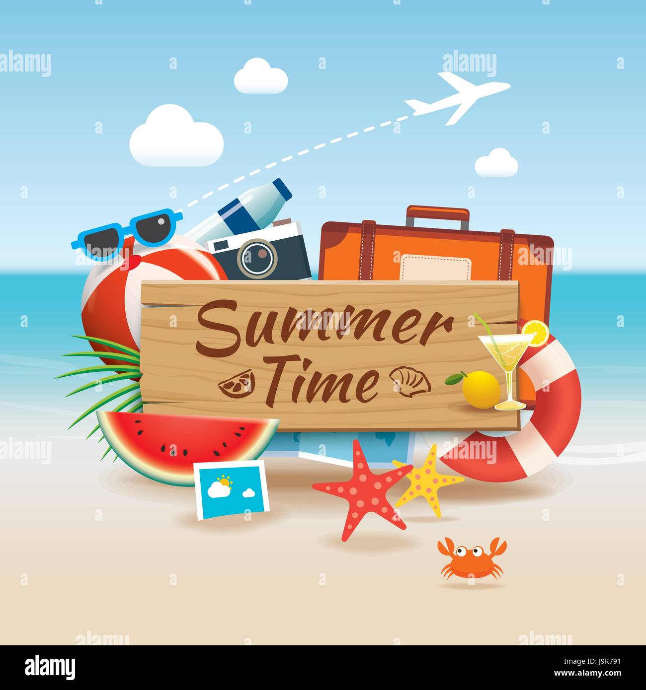 Summer time background banner design template and wooden sign season ...