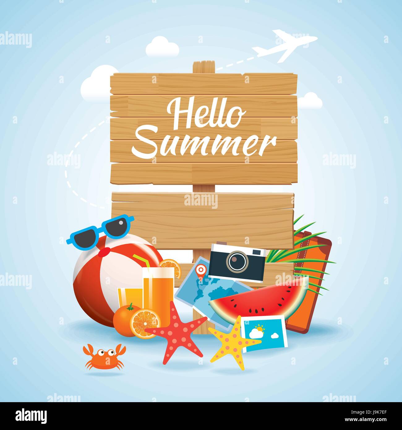 hello summer time travel season banner design and colorful beach ...