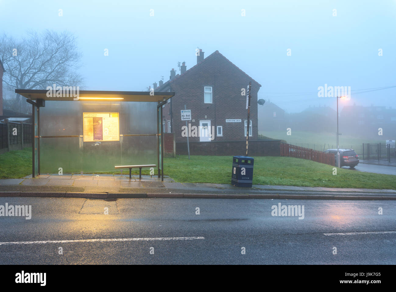 Bus stop in morning fog near Manchester, England Stock Photo - Alamy