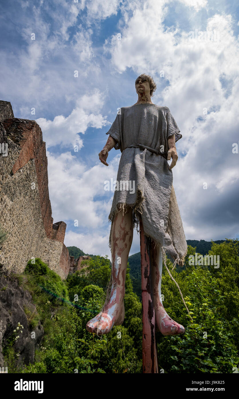 Vertical impalement scene in front of Poenari Castle on plateau of ...