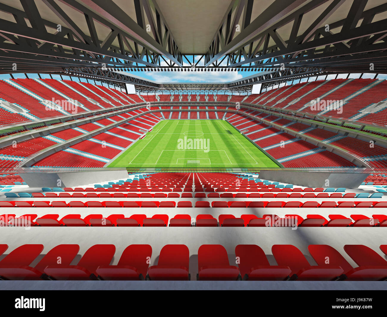 3d render of beautiful modern football stadium with red seats and vip ...