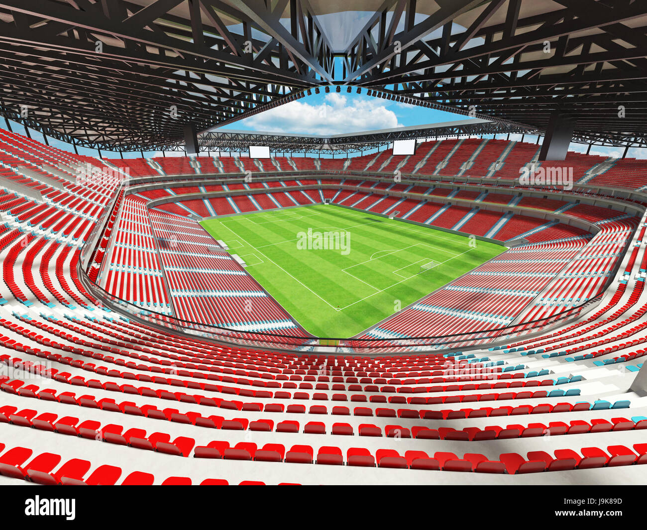 3d render of beautiful modern football stadium with red seats and vip ...